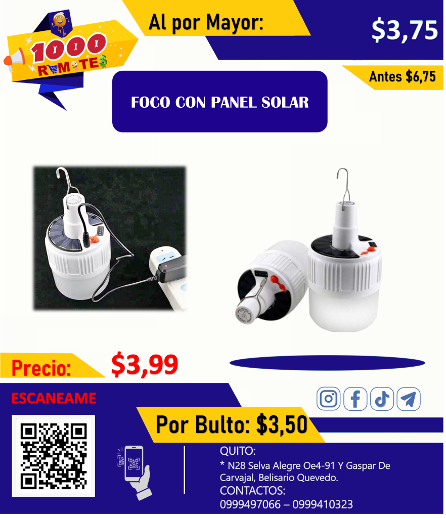 FOCO RECARGABLE INALÁMBRICO CON PANEL SOLAR - 1000 remates